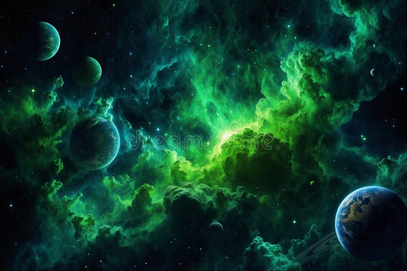 Neon Green Nebula Clouds and Clusters of Planets in Space Stock ...