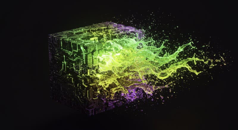 Neon Green and Purple Liquid Exploding from a Circuit-Board Cube Stock ...