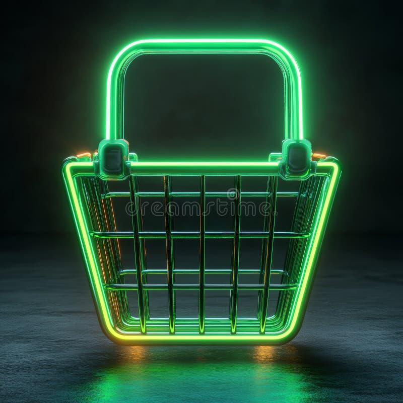 Neon Green Shopping Basket Glowing in Dark Environment. Stock ...