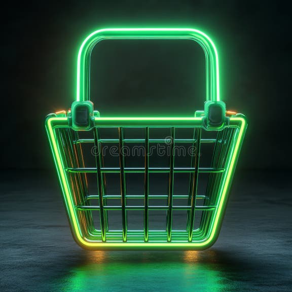 Neon Green Shopping Basket Glowing in Dark Environment. Stock ...