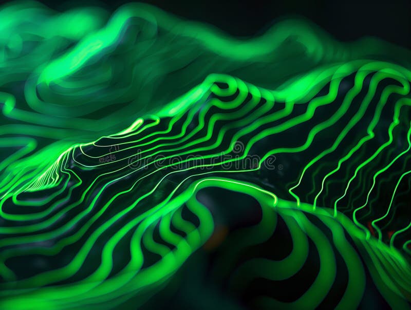 Neon Green Topographic Lines on Dark Background Stock Image - Image of ...