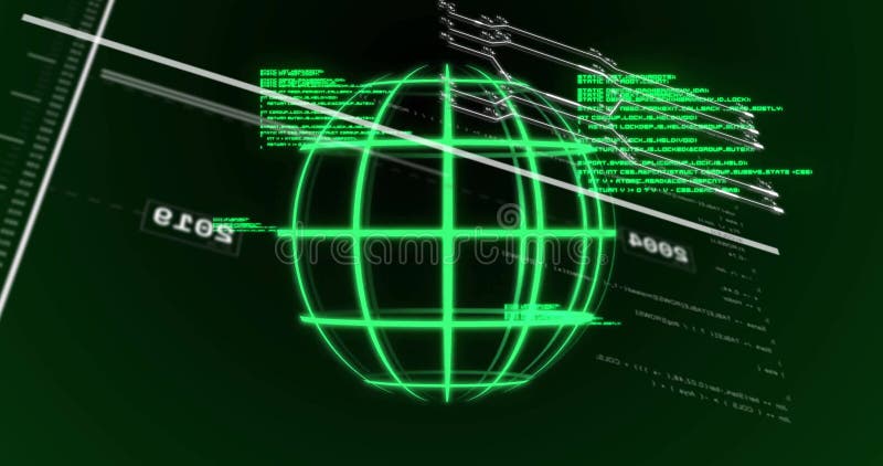 Neon Green Wireframe Sphere Spinning in Digital Interface Showing Angled Code Snippets and Beams ...