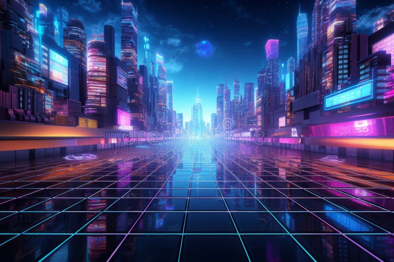 Neon Grid in Digital High-Tech World Stock Illustration - Illustration ...