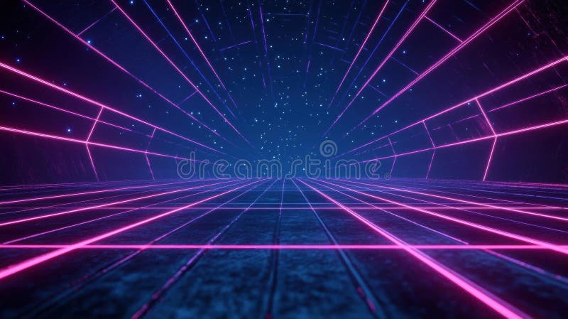 Neon Grid Glowing with Pink and Blue Lights in Dark Space Background ...