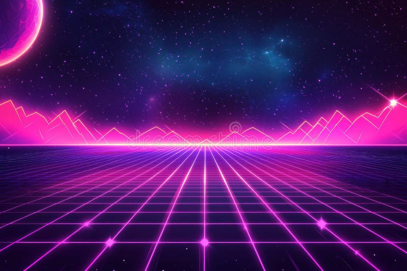 Neon Grid Horizon Night Sky. Stock Illustration - Illustration of ...