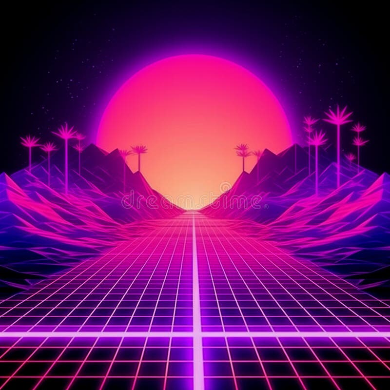 Neon Grid Landscape 80s Game Style Generated by AI Stock Illustration ...