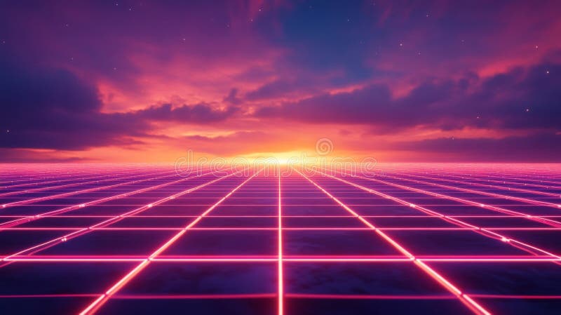 Neon Grid Landscape with Sunset and Stars Stock Illustration ...