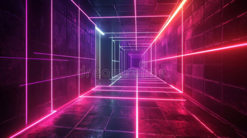 Neon Grid Lines Illuminating a Dark Brick Corridor Stock Illustration ...