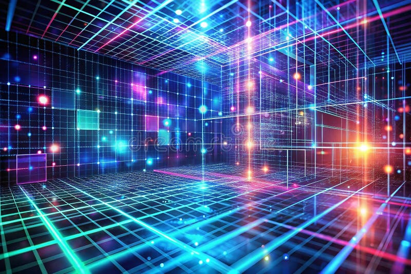 Neon Grid Network. Futuristic Abstract Interior Stock Illustration ...