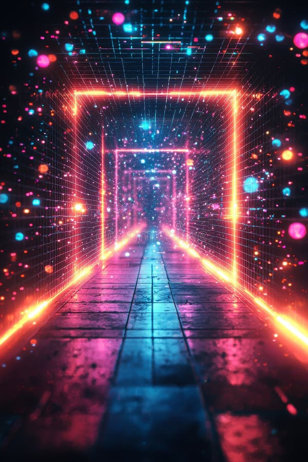 Neon Grid Portal Night Scene. Stock Illustration - Illustration of ...