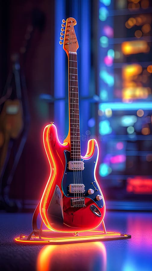 A Neon Guitar with a Purple and Blue Color Scheme. Stock Photo - Image ...