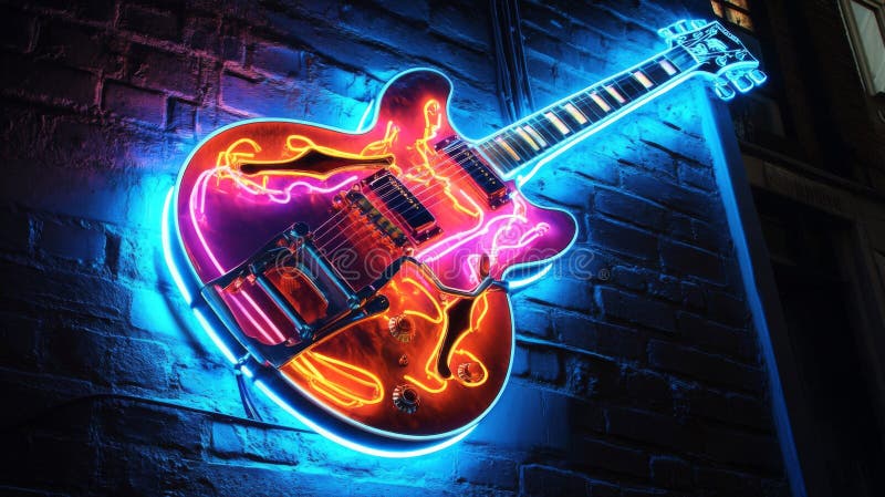 Neon Guitar Sign on Brick Wall at Night Stock Illustration ...