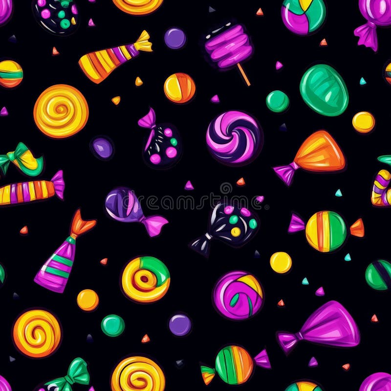 Neon Halloween Candy Explosion Pattern Bright Glowing Sweets Black ...