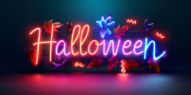 Neon Halloween Sign with Fall Leaves on a Dark Blue Background Stock ...