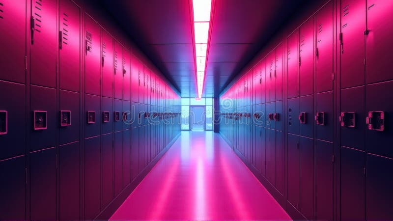Neon Hallway a Futuristic School Corridor Neon-Lit Locker Room Corridor ...