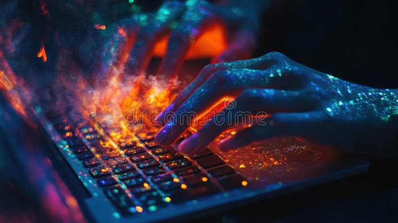 Neon Hands Code Fiery Digital Magic. AI Generated Stock Illustration ...