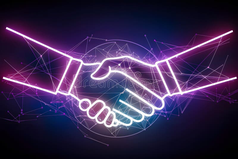 Neon Handshake with Interconnected Lines Digital and Human Blend Stock ...