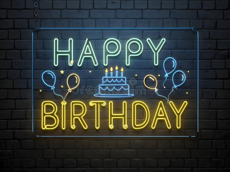 Neon Happy Birthday Decor on Brick Wall Stock Illustration ...