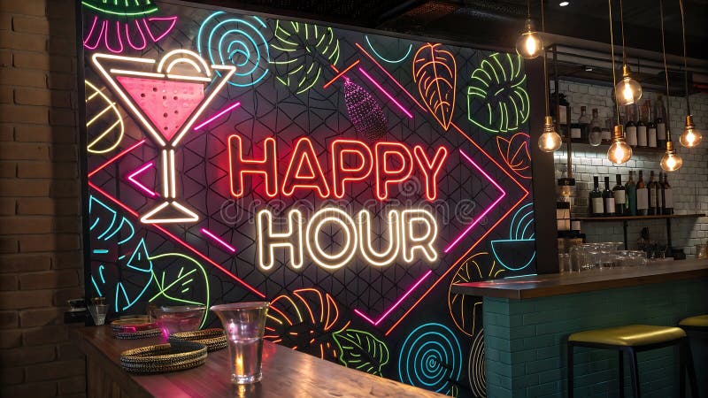 Neon Happy Hour Sign in Modern Bar Setting Stock Illustration ...