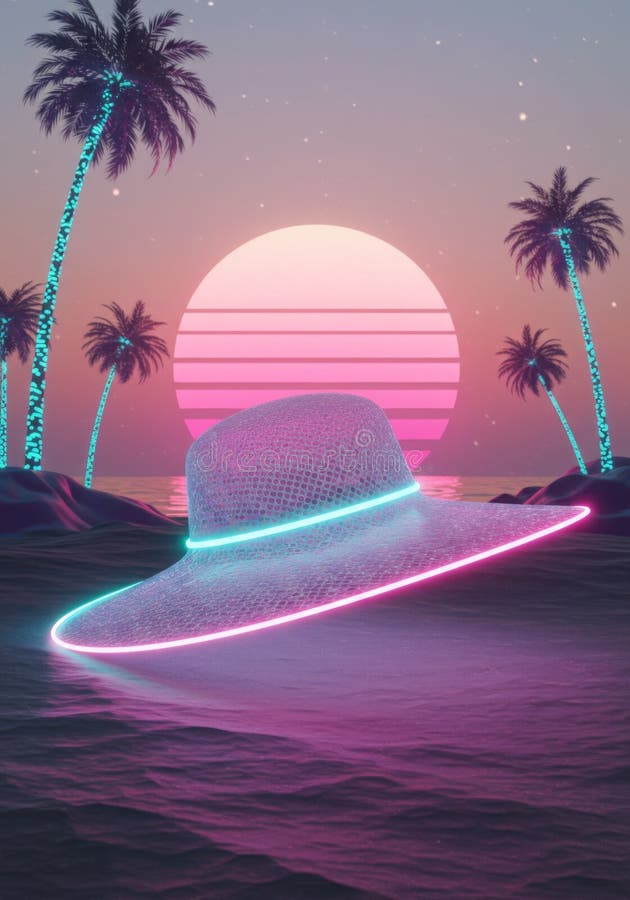 Neon Hat on Beach at Sunset with Palm Trees Stock Illustration - Illustration of purple, sunset ...