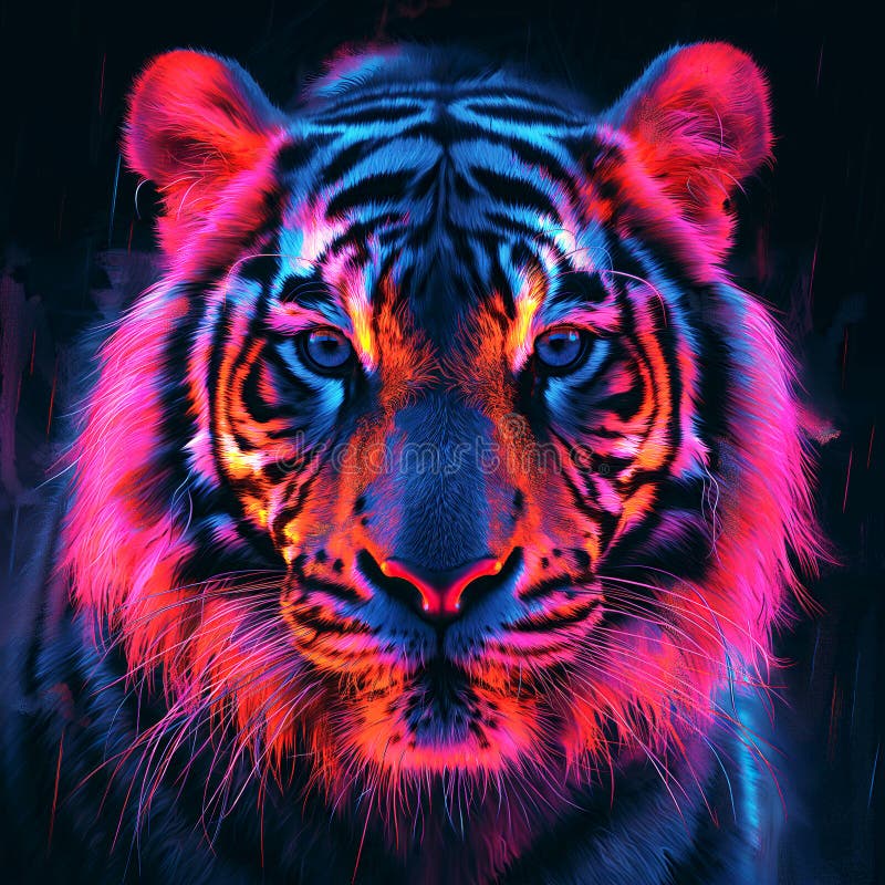 Neon Head of Multicolored Tiger on a Black Background Stock Image ...