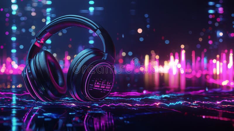 Neon Headphones with Vibrant Audio Waveforms on Dark Background ...