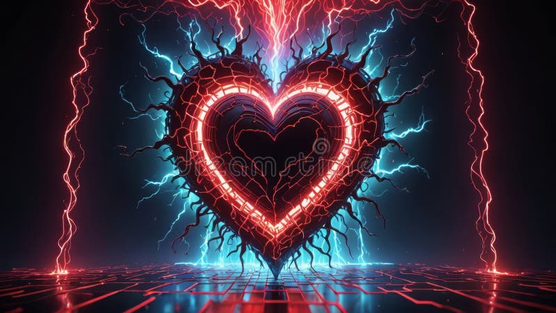Neon Heart with Electric Veins on Digital Grid, Representing Love and ...
