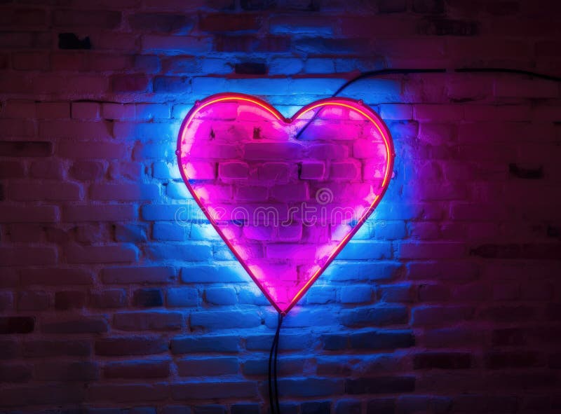 Neon Heart with a Glow on the Background of a Dark Brick Wall. Neon ...
