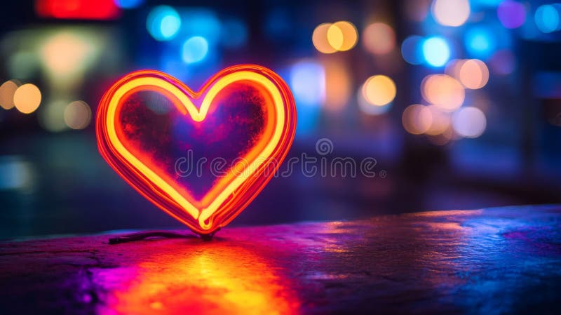 Neon Heart Glowing at Night in City Lights Stock Illustration ...