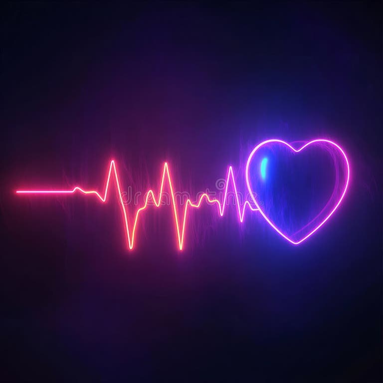 Neon Heart and Pulse with Glowing Electrocardiogram Line. Stock Image ...