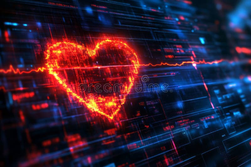 Neon Heart and Pulse Line on Futuristic Digital Interface Stock Image ...