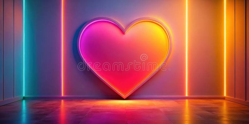 Neon Heart Shaped Wall Art in Room with Illuminated Floor. Generative ...
