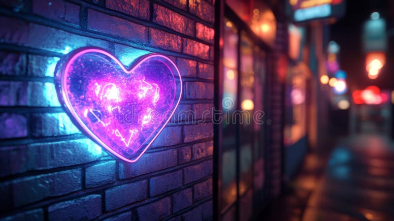 Neon Heart Sign Illuminates Brick Wall at Night Stock Illustration ...