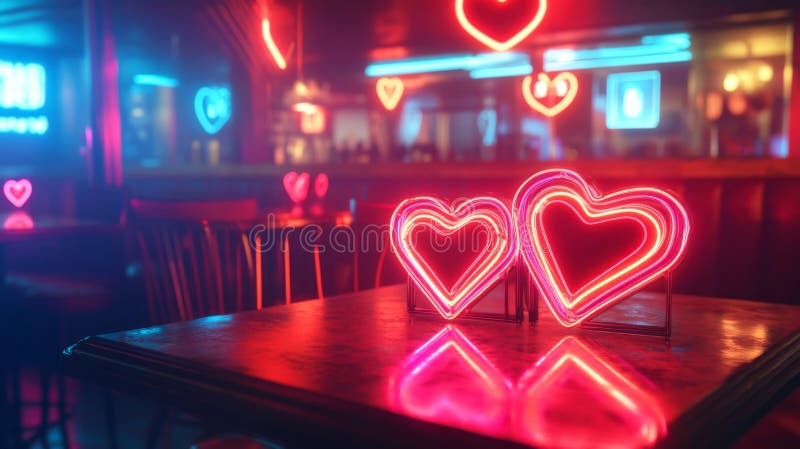 Neon Heart Signs Adorn a Dark Romantic Bar Setting Stock Illustration ...