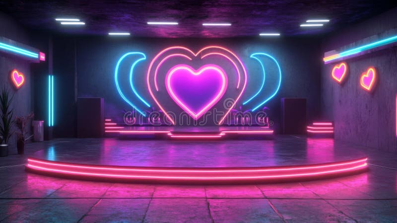 Neon Heart Stage Design with Pink and Blue Lights Stock Illustration ...