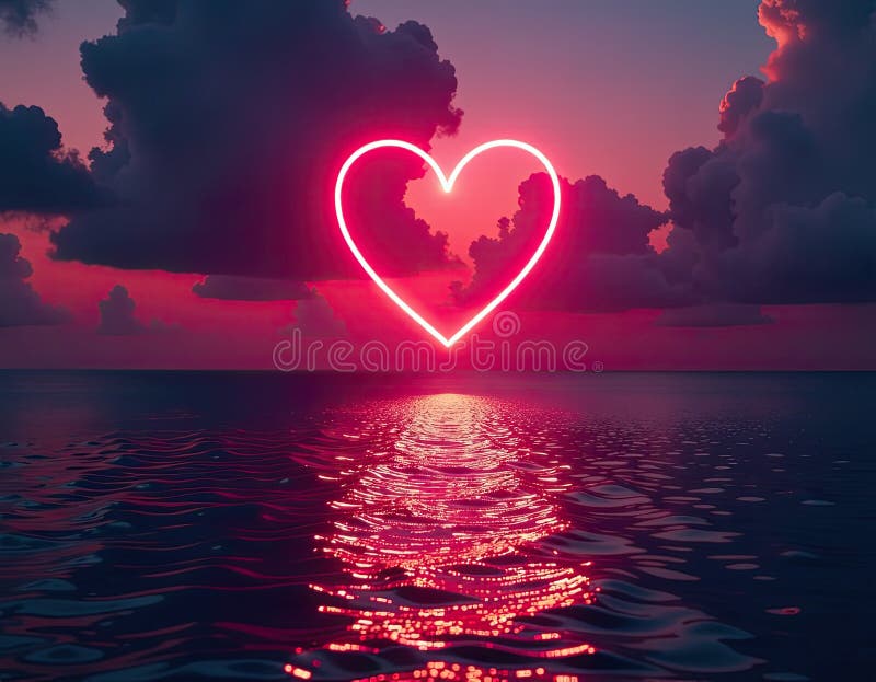 Neon Heart Sunset Ocean - Romantic Love Concept Stock Illustration ...