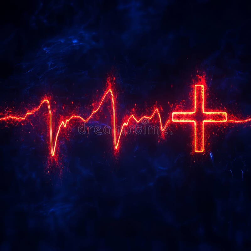 Neon Heartbeat Electrocardiogram Line on a Dark Blue Background. Stock ...