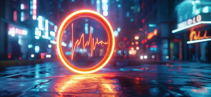 Neon Heartbeat Pulse Symbol Glowing in Urban Night Scene with ...