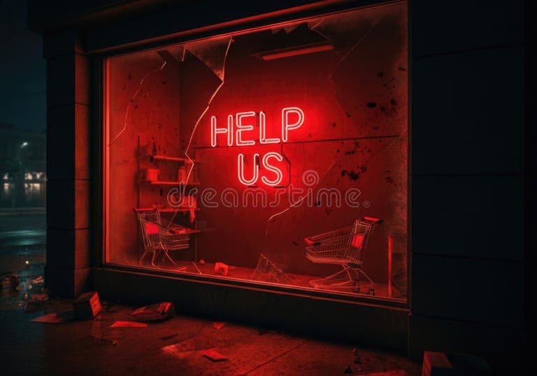 Neon Help Us Sign in Broken Storefront with Empty Shopping Carts at ...