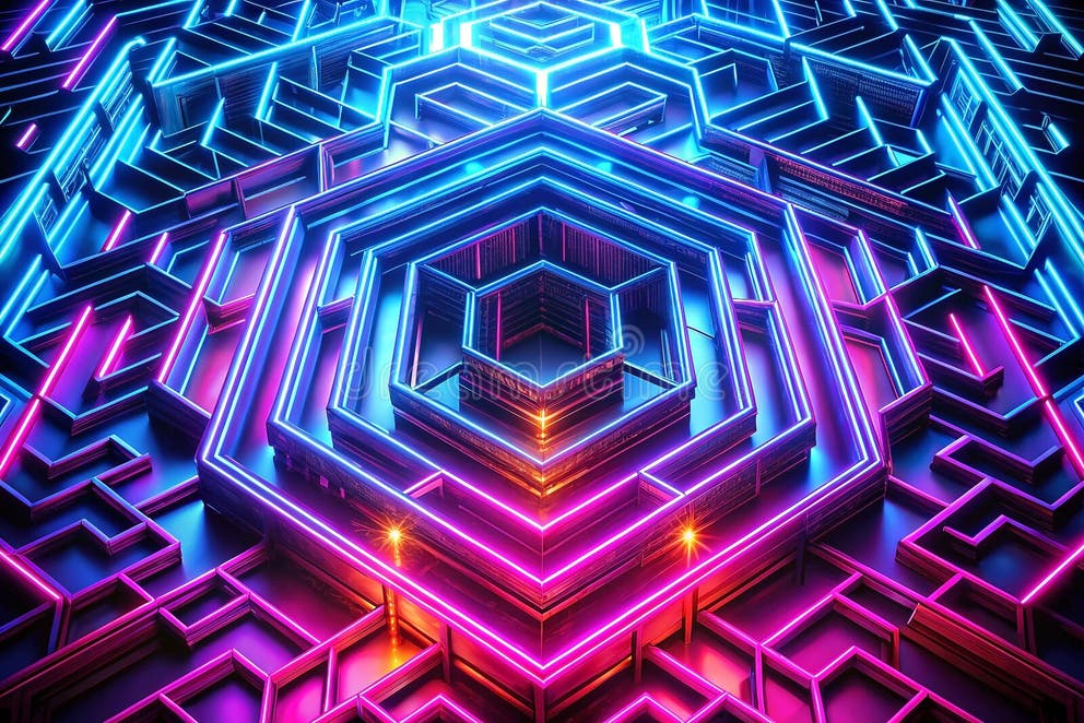 Neon Hexagon Maze Pattern stock illustration. Illustration of abstract ...