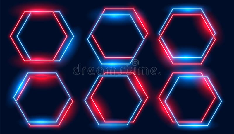 Neon Hexagonal Frames Set in Blue and Red Colors Stock Vector ...
