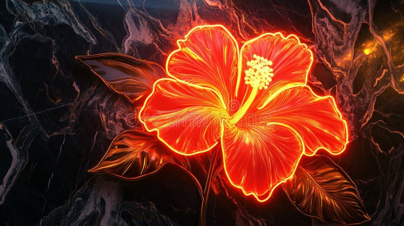 Neon Hibiscus Flower with a Glowing Effect on Marble Background. Stock ...