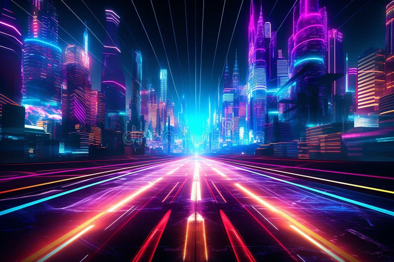 Neon Highway Motif Themed Backdrop 80s Retro Nostalgic Stock ...