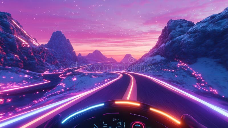 Futuristic Neon Road through Glowing Mountains Stock Image - Image of ...