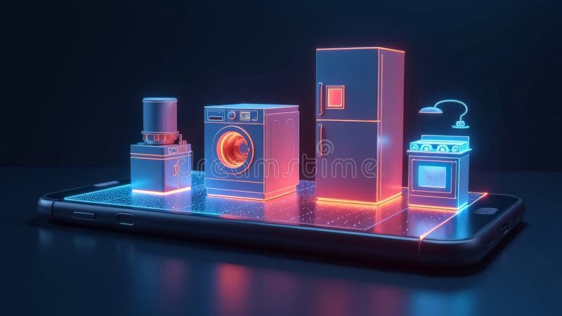 Neon Home Appliances on the Smartphone. the Concept of Remote Control ...