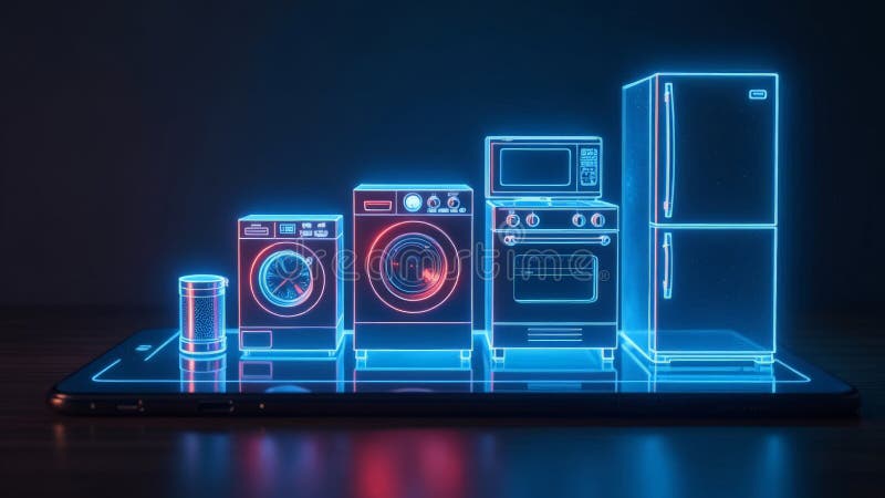Neon Home Appliances on the Smartphone. the Concept of Remote Control ...