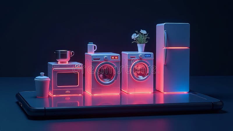 Neon Home Appliances on the Smartphone. the Concept of Remote Control ...