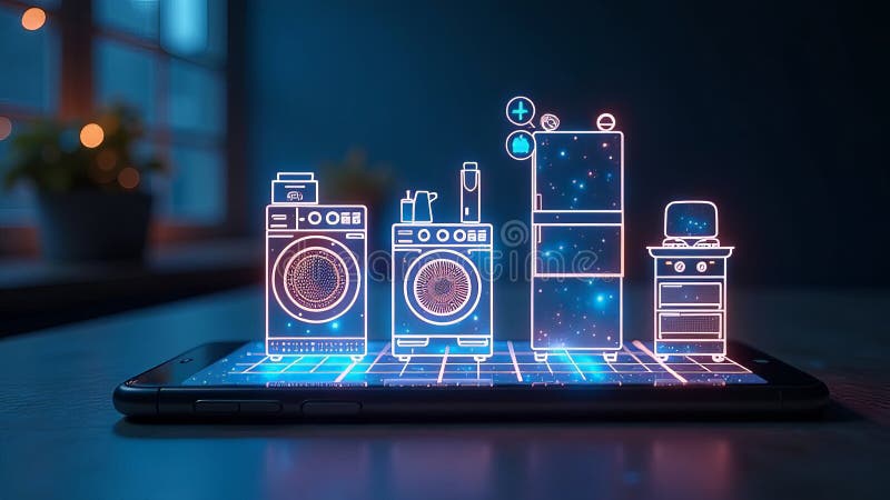 Neon Home Appliances on the Smartphone. the Concept of Remote Control ...