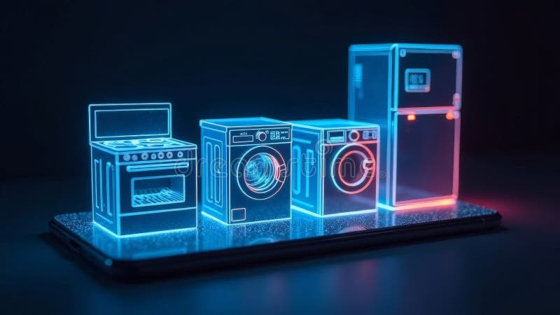 Neon Home Appliances on the Smartphone. the Concept of Remote Control ...