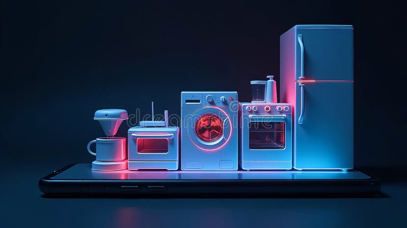 Neon Home Appliances on the Smartphone. the Concept of Remote Control ...